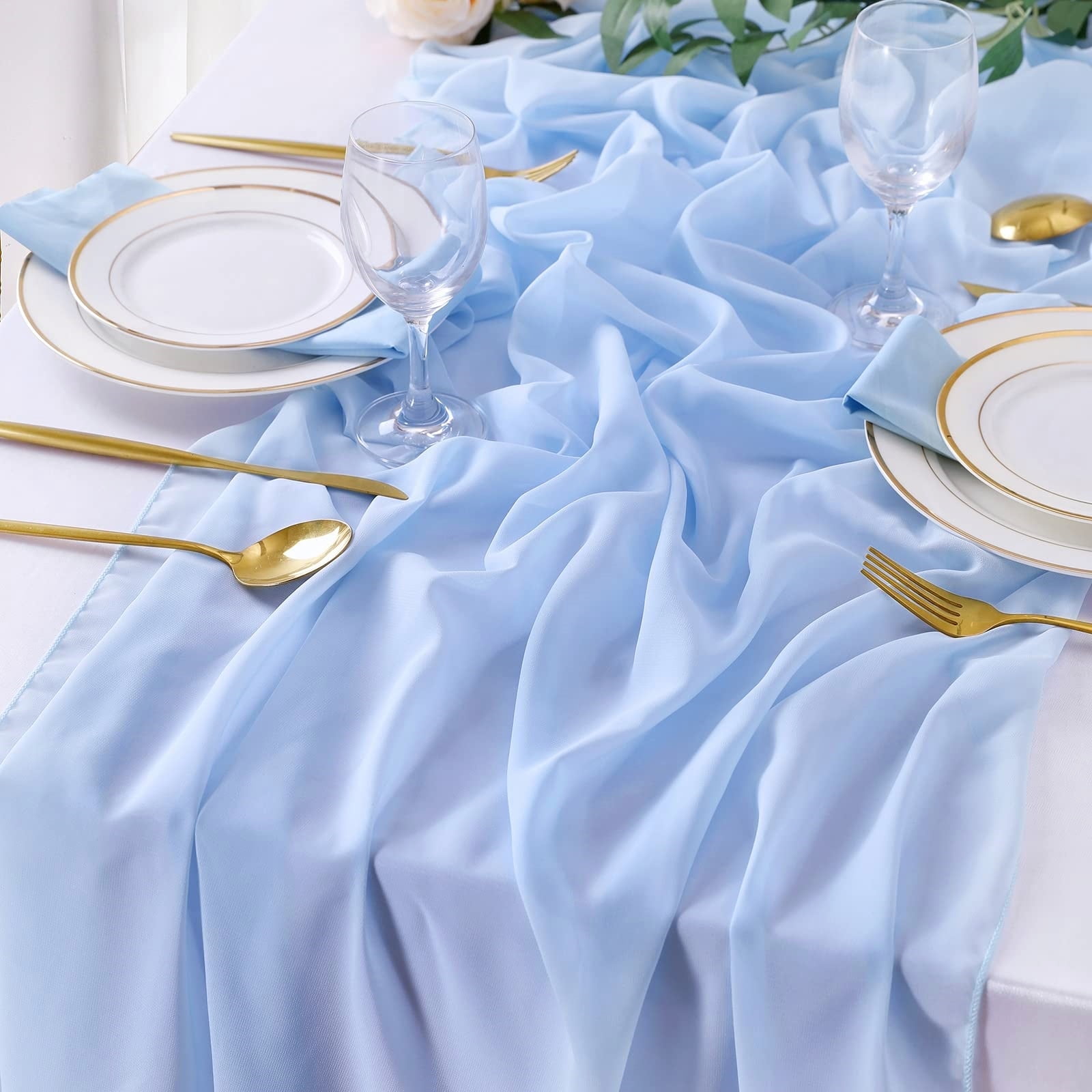 QueenDream 10Ft Wedding Table Runner 4 Pieces Light Blue Sheer Chiffon ...