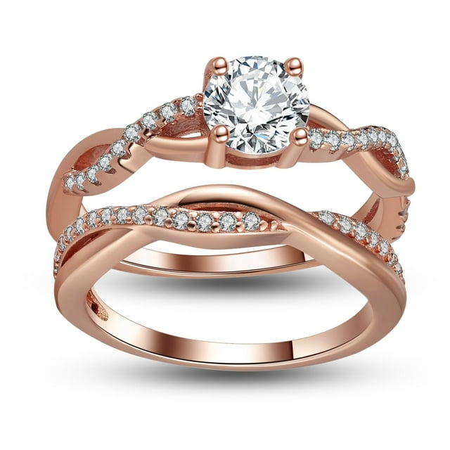 Queena Bridal Sterling Silver Rose Gold Wedding Ring Set, CZ Engagement ...