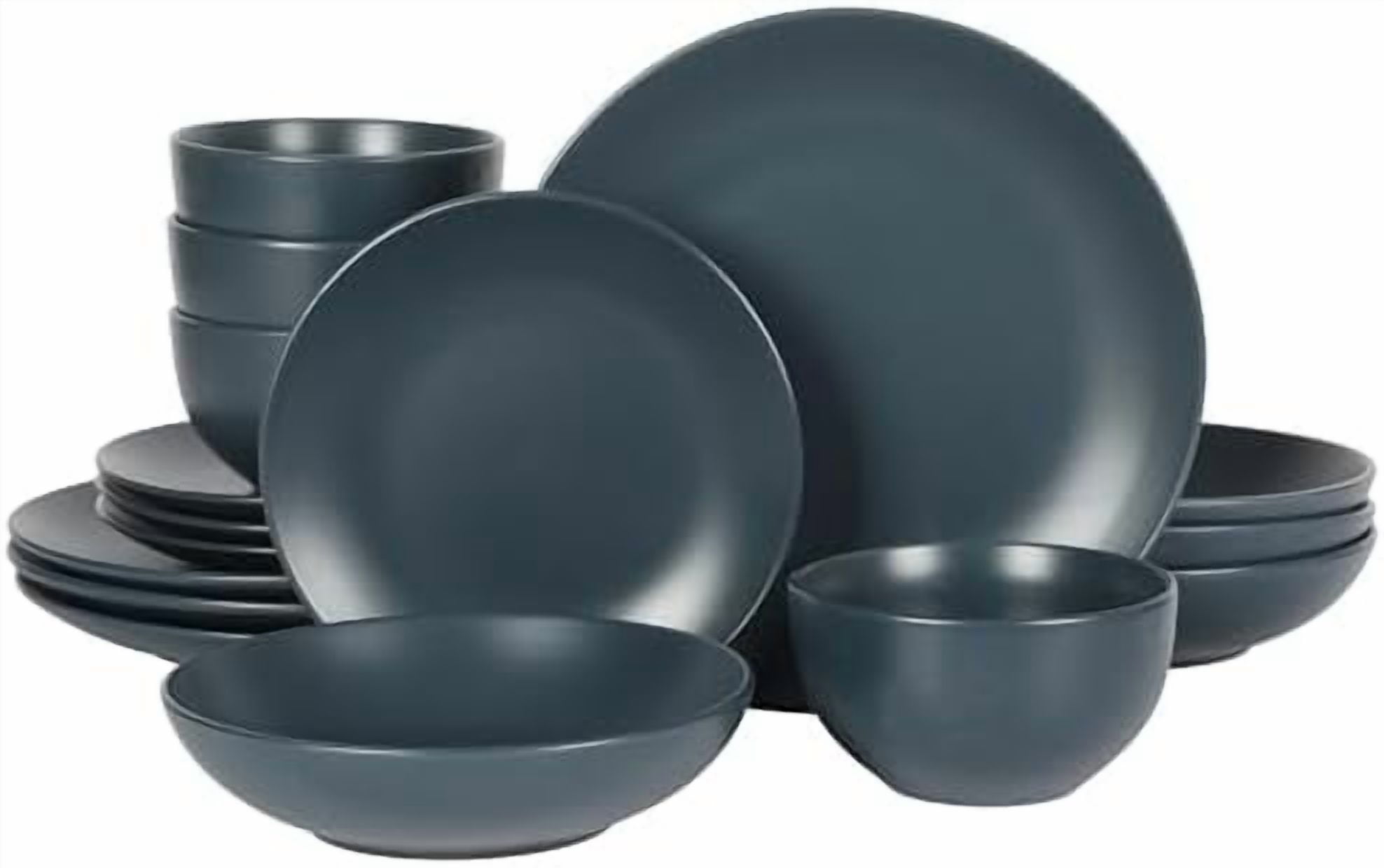Queenslane 16-Piece Matte Blue Stoneware Dinnerware Set – Double Bowl ...