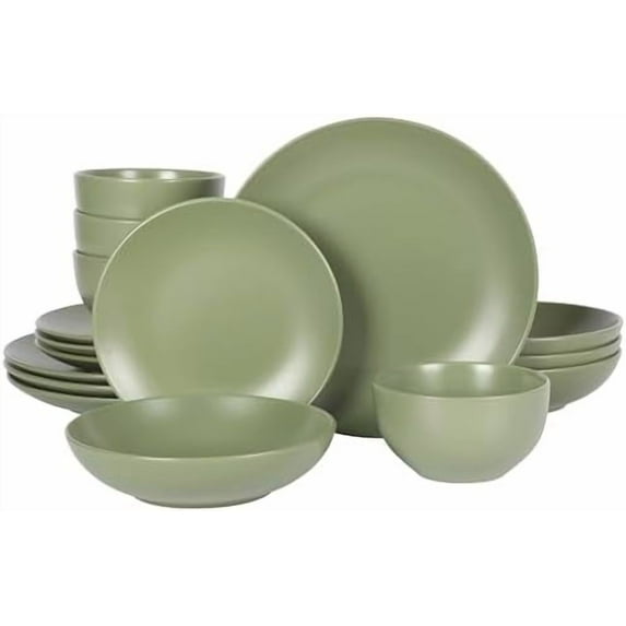 Queenslane 16-Piece Matte Green Stoneware Dinnerware Set – Double Bowl ...