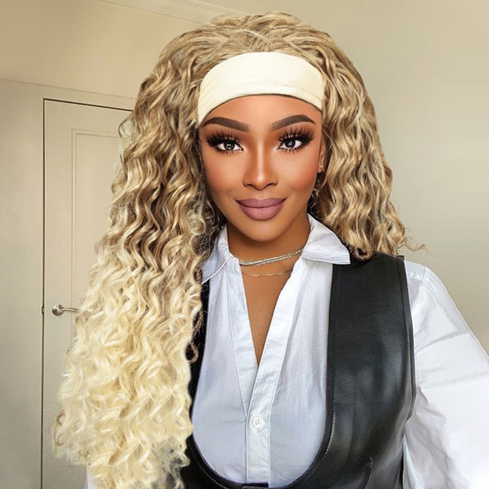 Queentas Long Ombre Brown to Gold Headband Wig Synthetic Loose with Ice ...