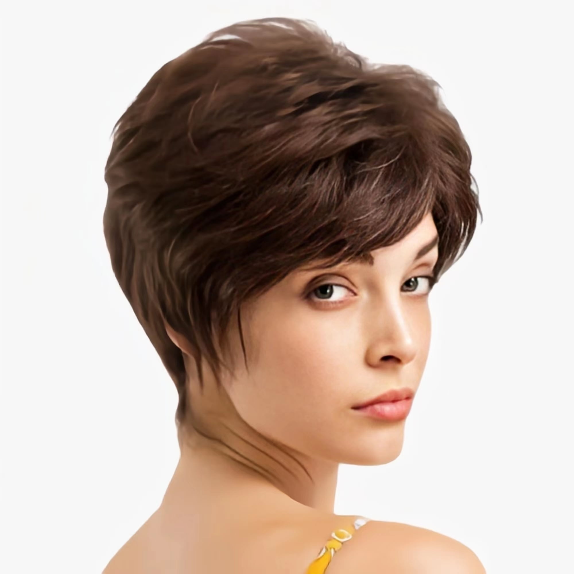 QUEENTAS Short Brown Pixie Cut Wig with Bangs, Glueless Headband ...