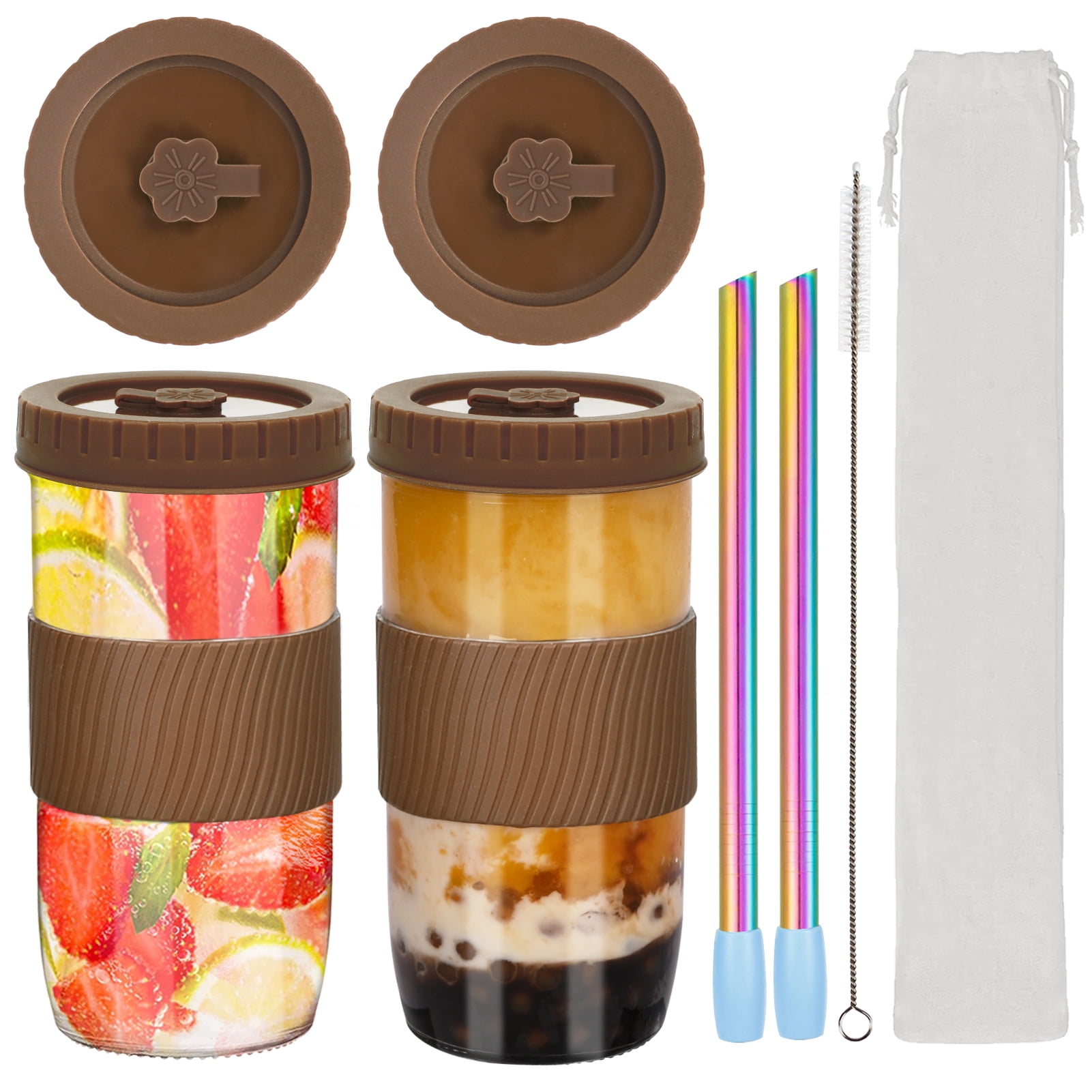 Queentrade 2 Pcs Reusable Bubble Tea Cup with 2 Straws and 4 Plastics ...