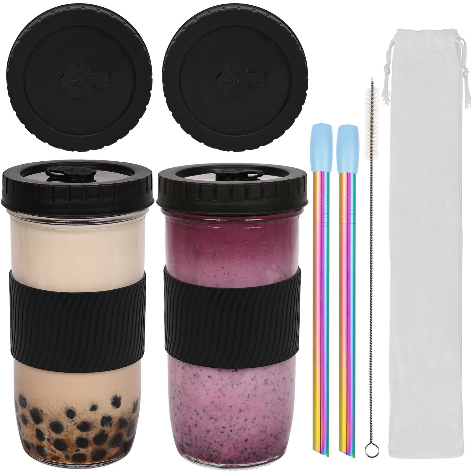 Queentrade 2pcs Glass Bubble Tea Cup with 2 Straws and 4 Lids 730ml ...