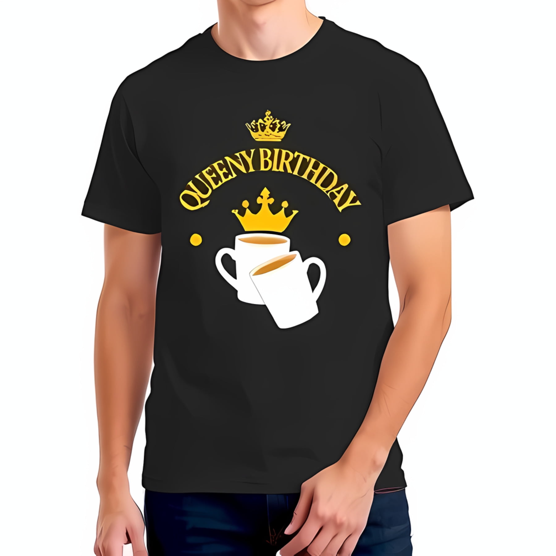 Queeny Birthday Black Cotton T-Shirt - Golden Crown & Mugs Design Short ...
