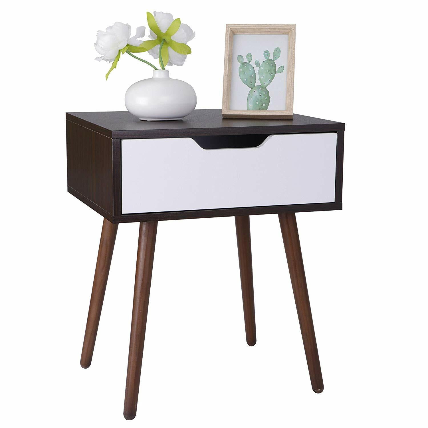 QuellQuest Mid-Century End Table Modern Side Table with Drawer Small ...