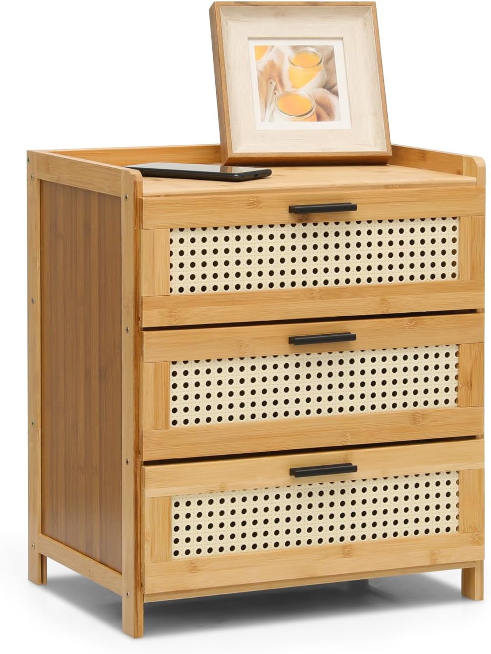 QuellQuest Nightstand End Table with 3 Drawers Bamboo Mesh Door Bed ...