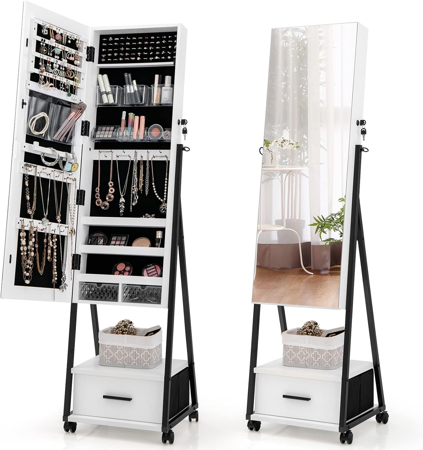 QuellQuest Rolling Jewelry Cabinet with Full Length Mirror, Lockable ...