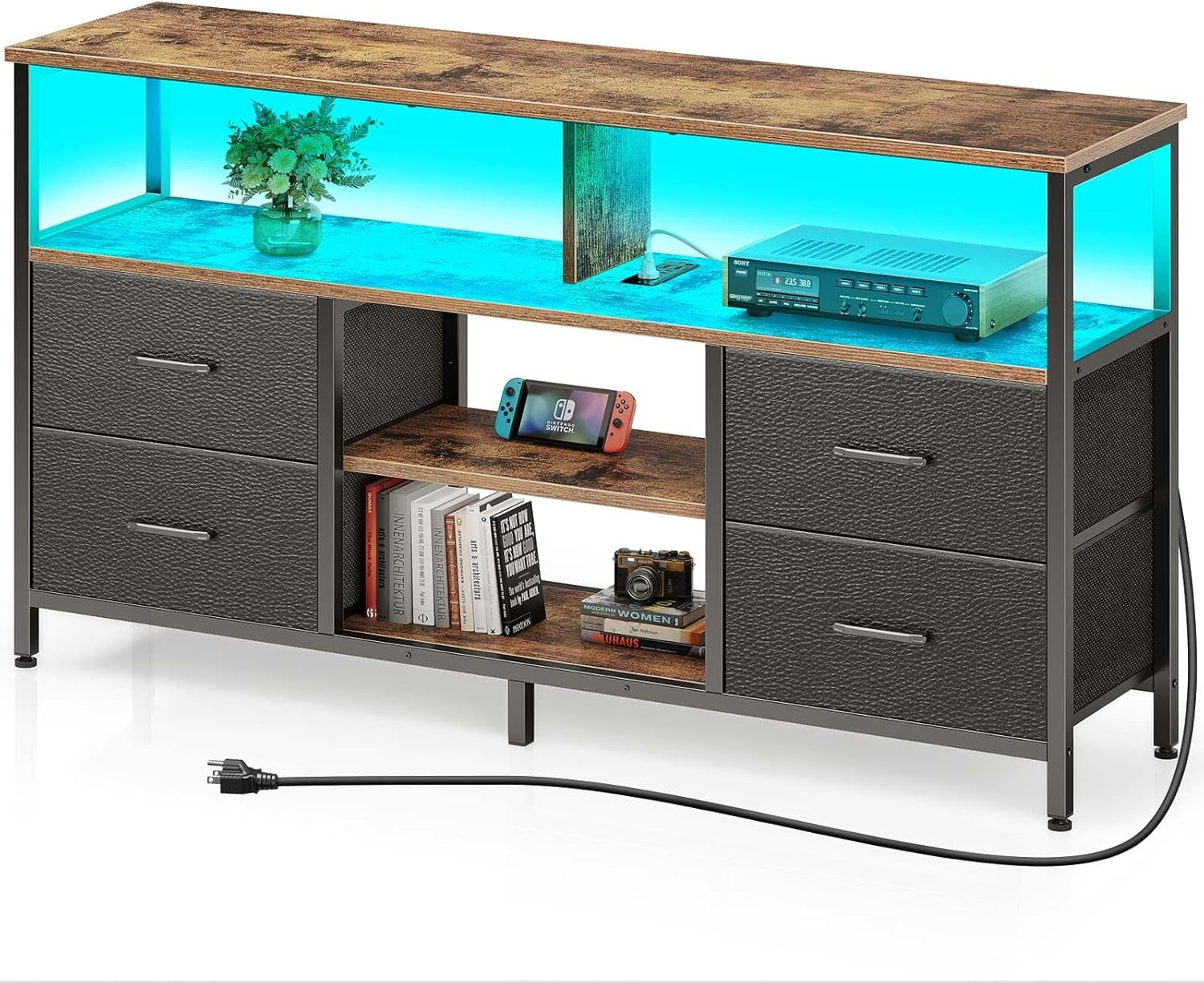QuellQuest TV Stand with Power Outlets and LED Light, 4 Fabric Drawers ...