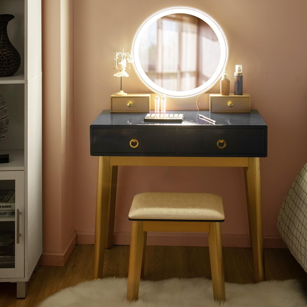 QuellQuest Vanity Desk with Lighted Mirror, Black Makeup Vanity Table ...