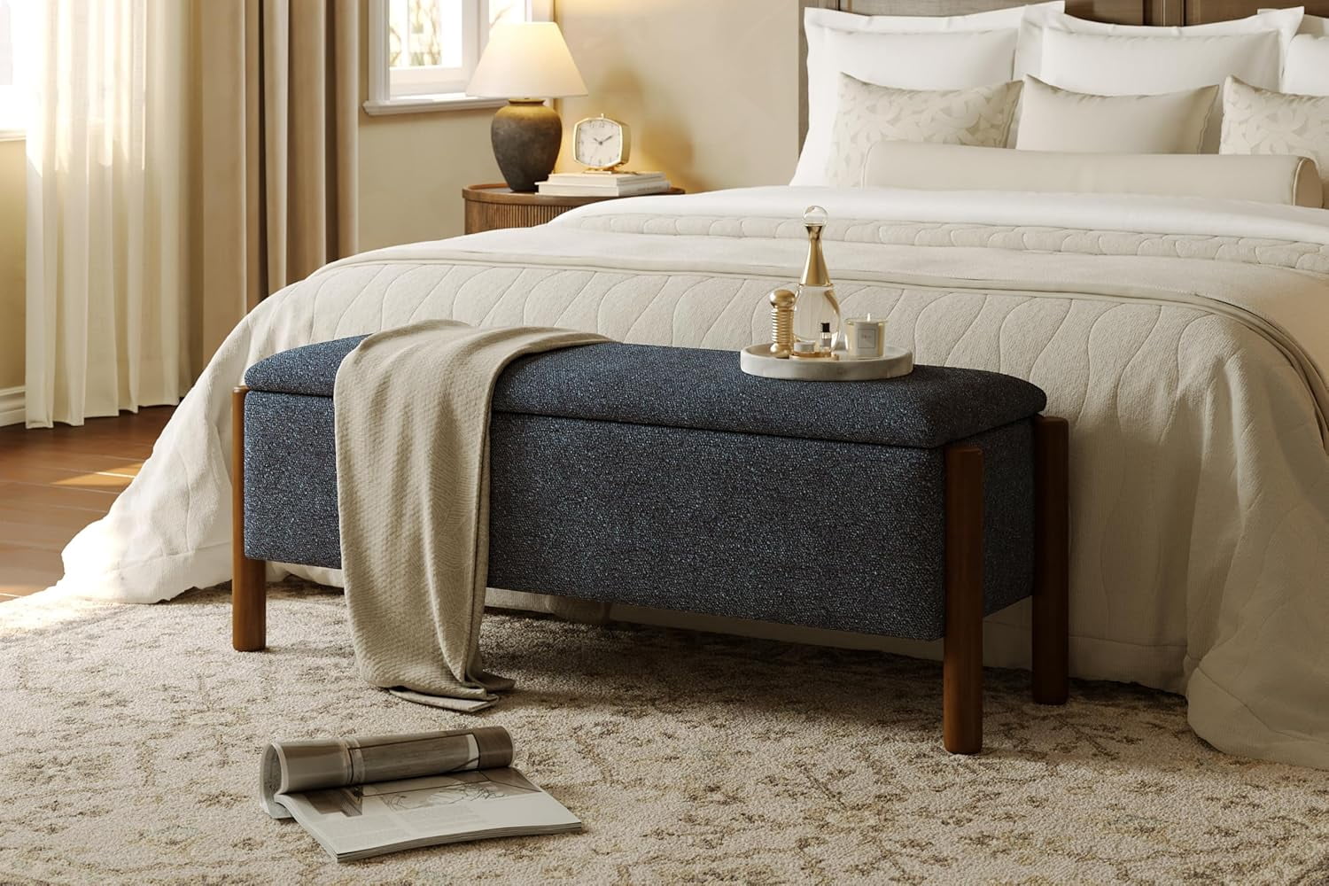 Quenvo Modern Storage Benches with Walnut Wood Legs, 47'' Ottoman with ...