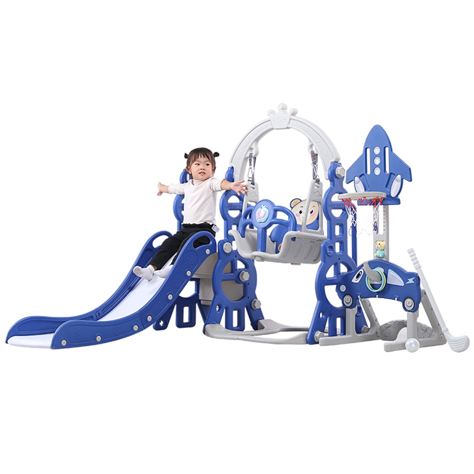 Queroig 5 in1 Kids Slide Swing Set, Cartoon Themed Baby Mini Playground ...