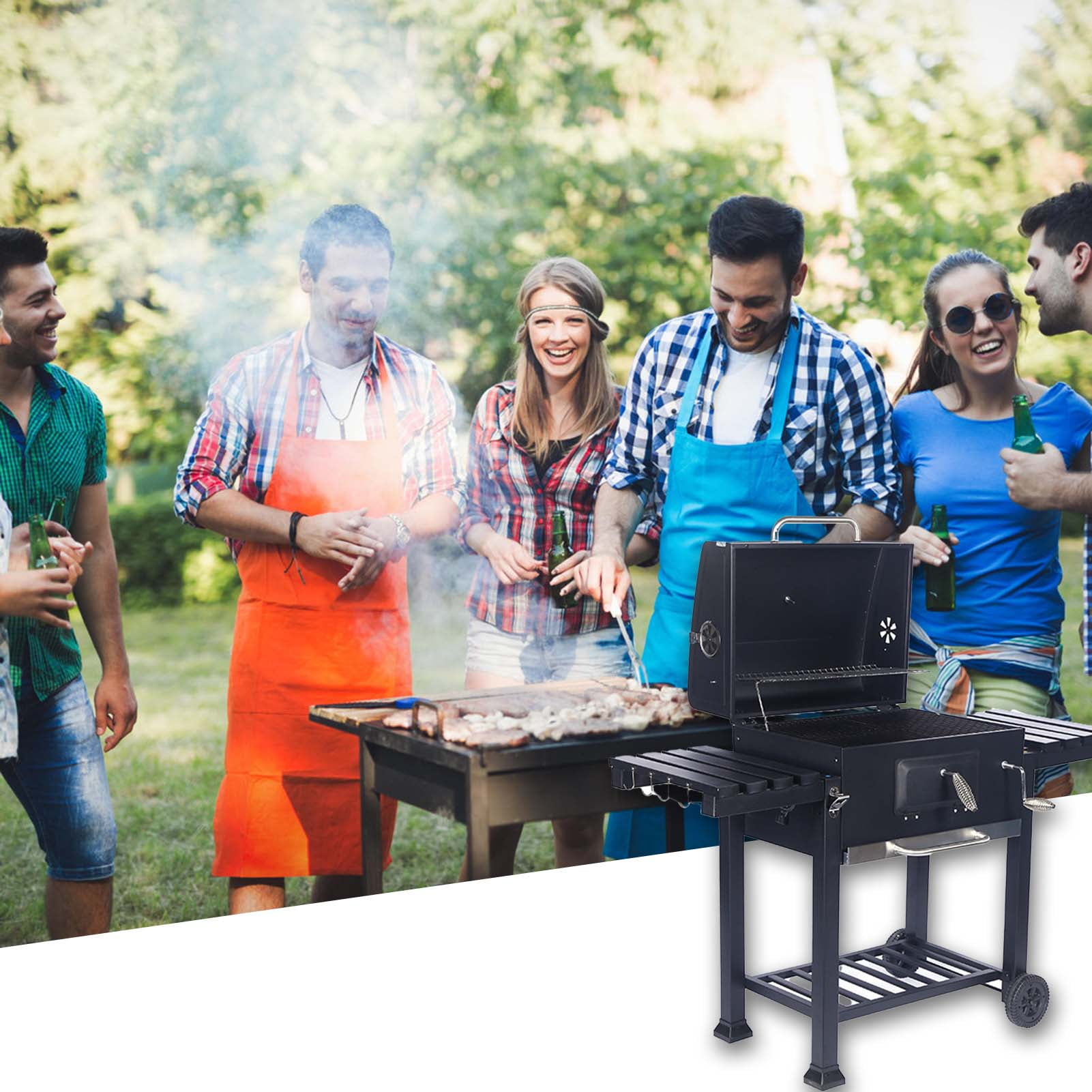 Queroig Foldable Side Tables Hooks BBQ Grill with Thermometer Oversize ...