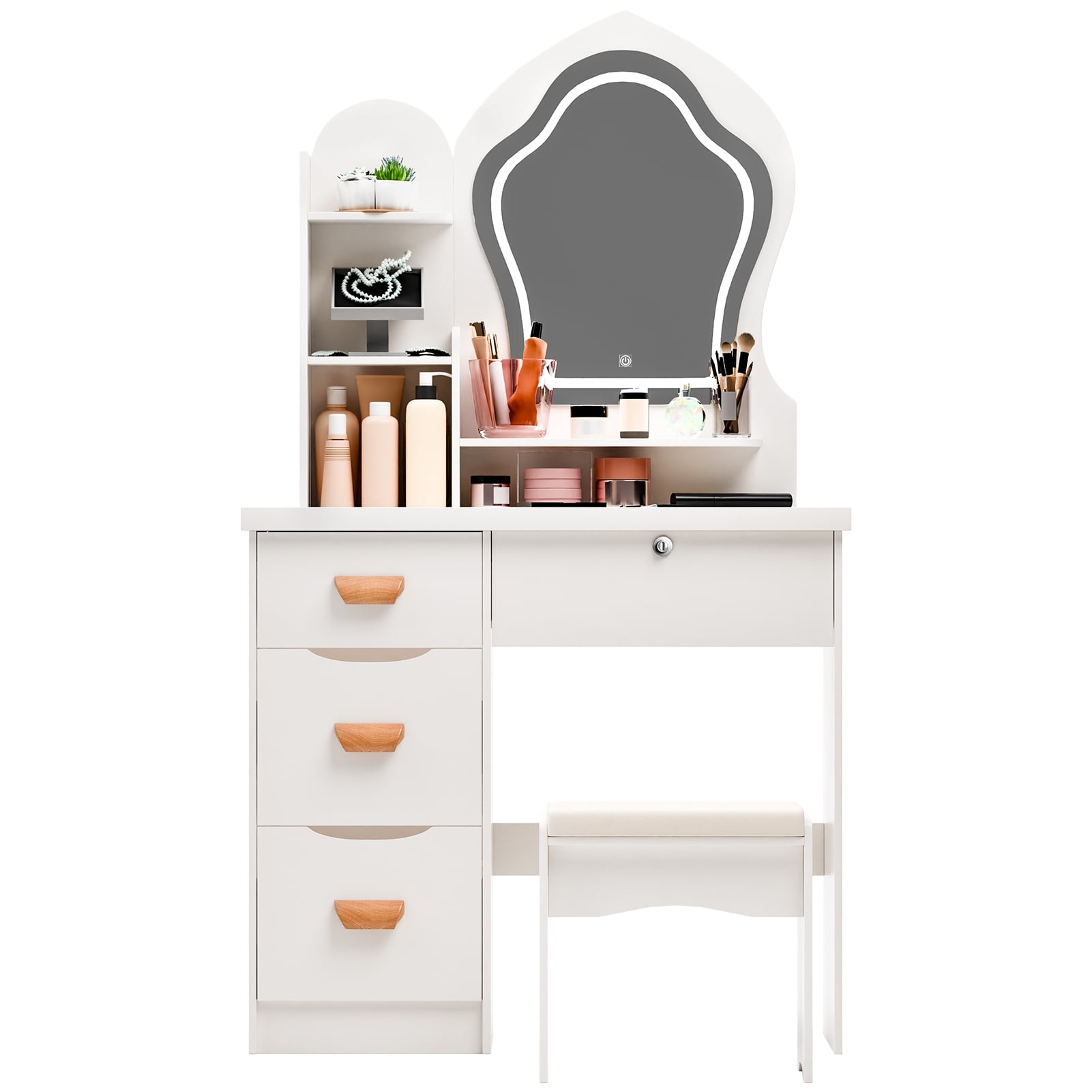 Queroig Makeup Vanity Desk with LED Lighted Crown-shaped Mirror, Vanity ...