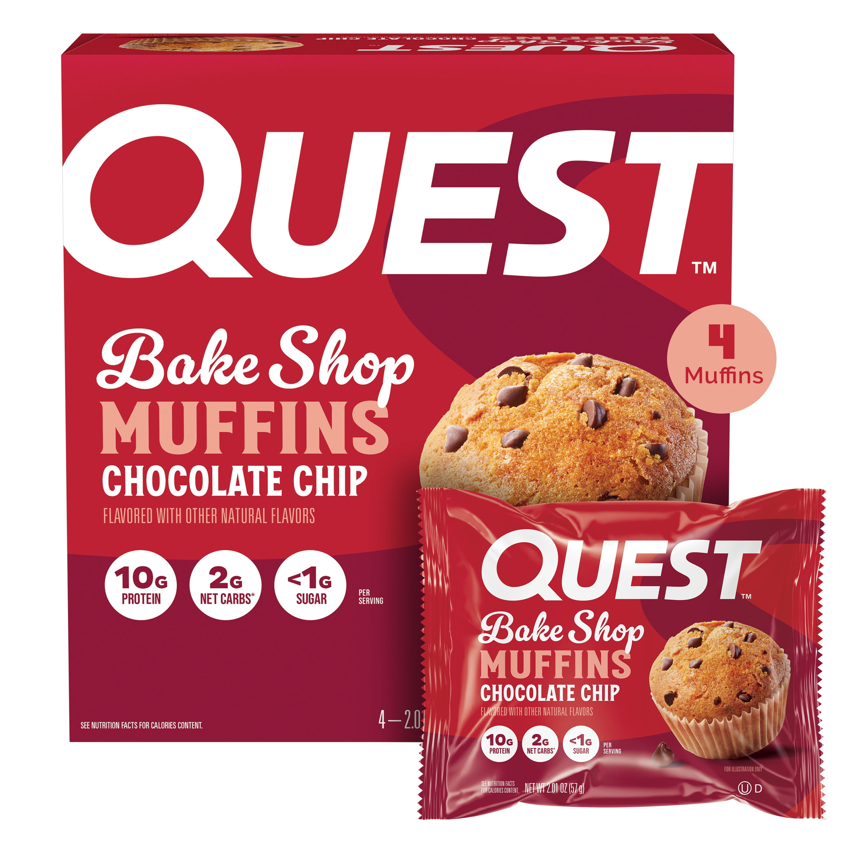 Quest Bake Shop Protein Muffins, Chocolate Chip Flavor, 10g Protein, 4 ...