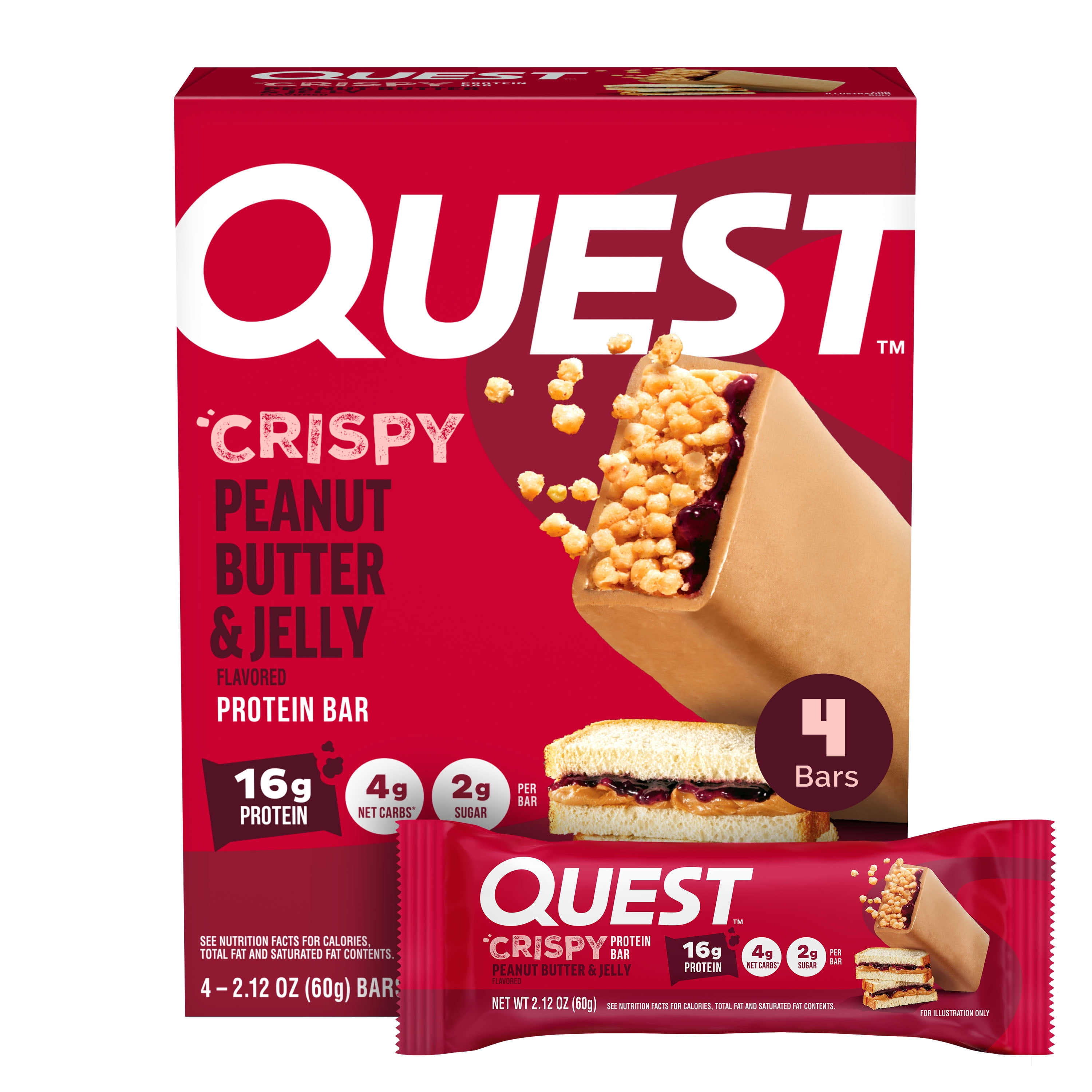 Quest Crispy 18g Protein Bar, Low Carb, Peanut Butter and Jelly, 2.12oz, 4 Count - Walmart.com