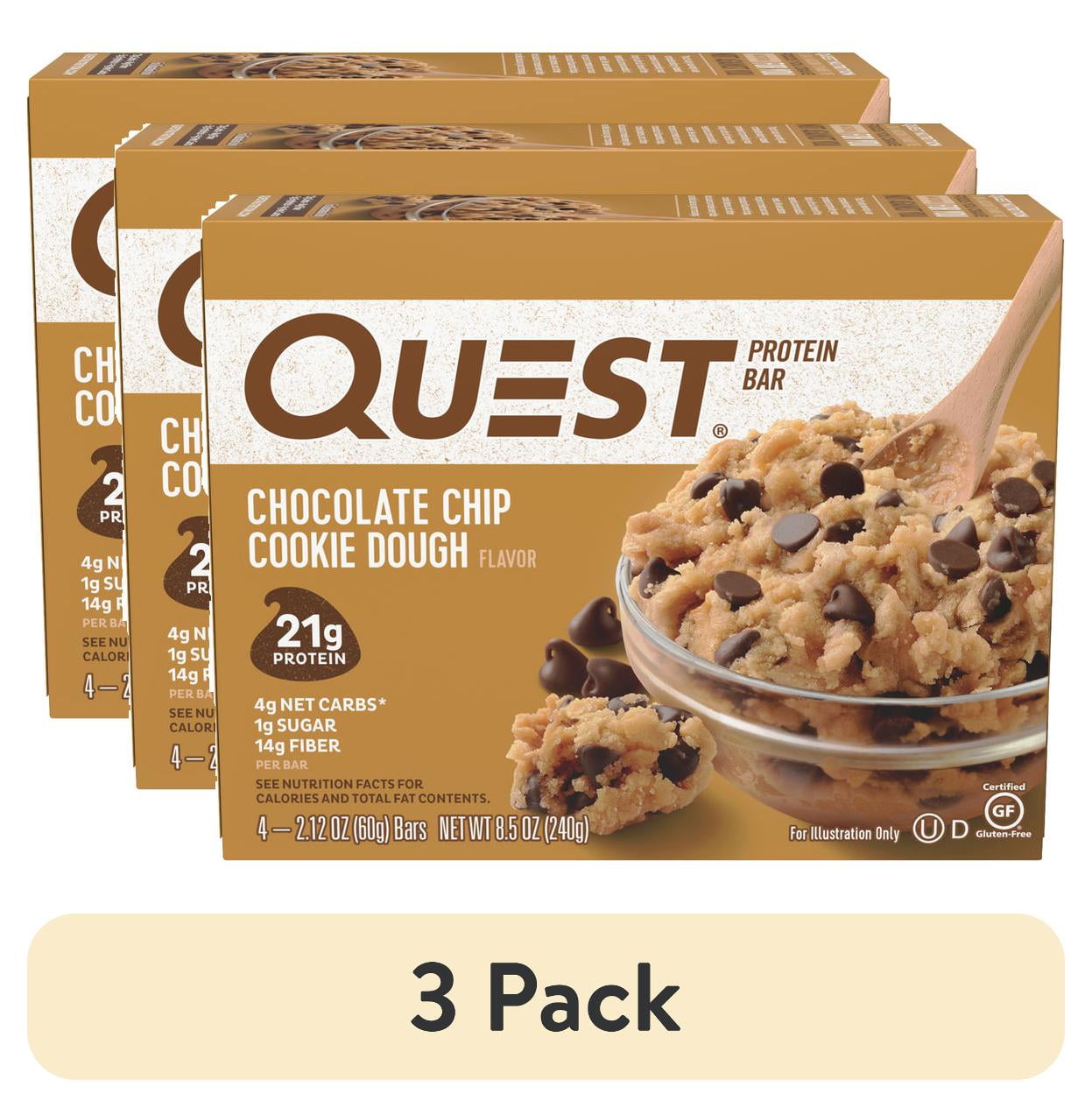 (3 pack) Quest Protein Bar, Chocolate Chip Cookie Dough Flavored, 21g ...