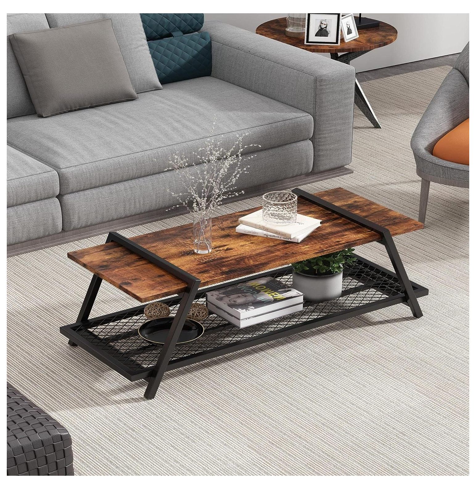 Quexis Nesting Coffee Table Cocktail Desk,2Layer,MDF Top, Black Metal ...