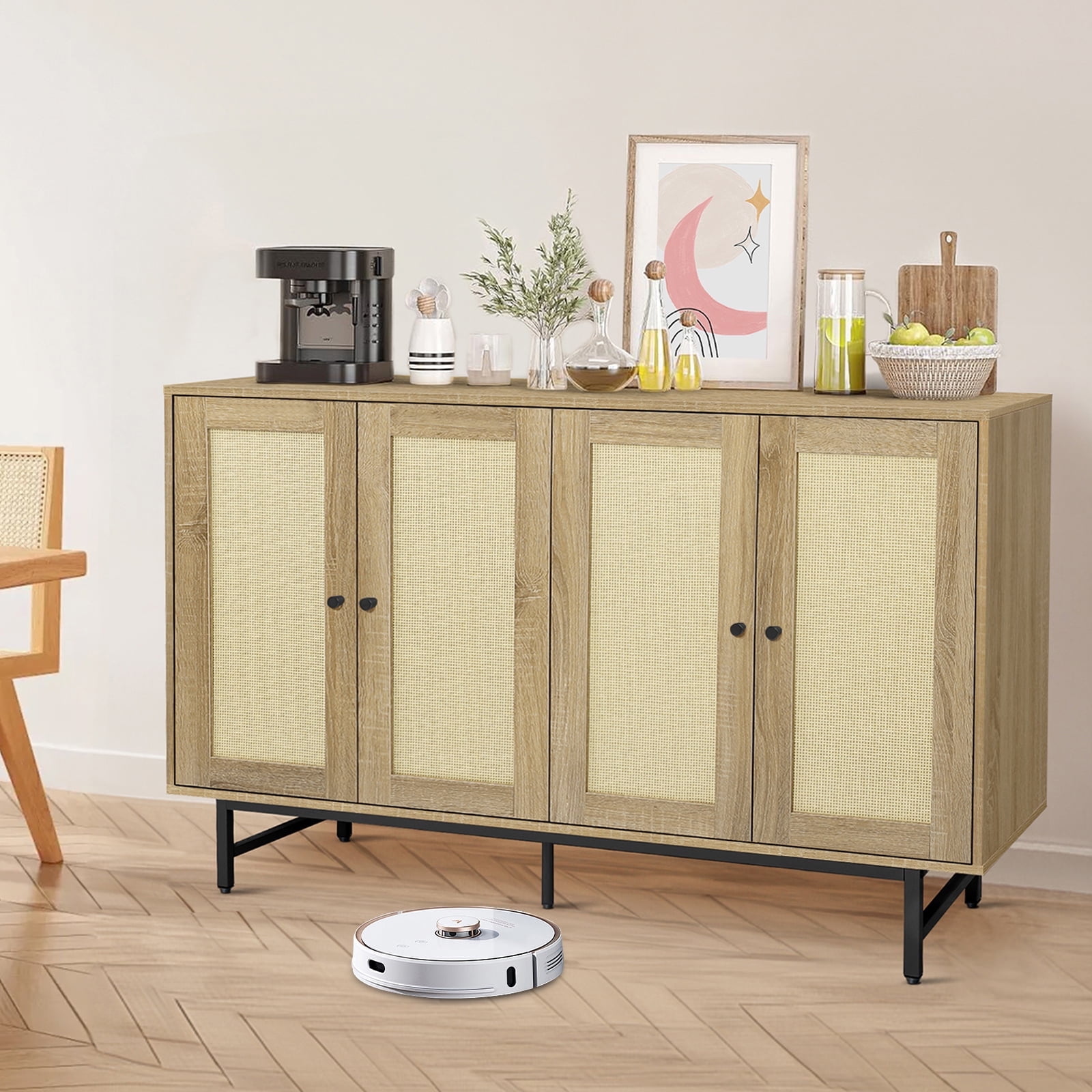 QuicMiou Sideboard Buffets Cabinet with 4 Rattan Doors, Large Storage ...