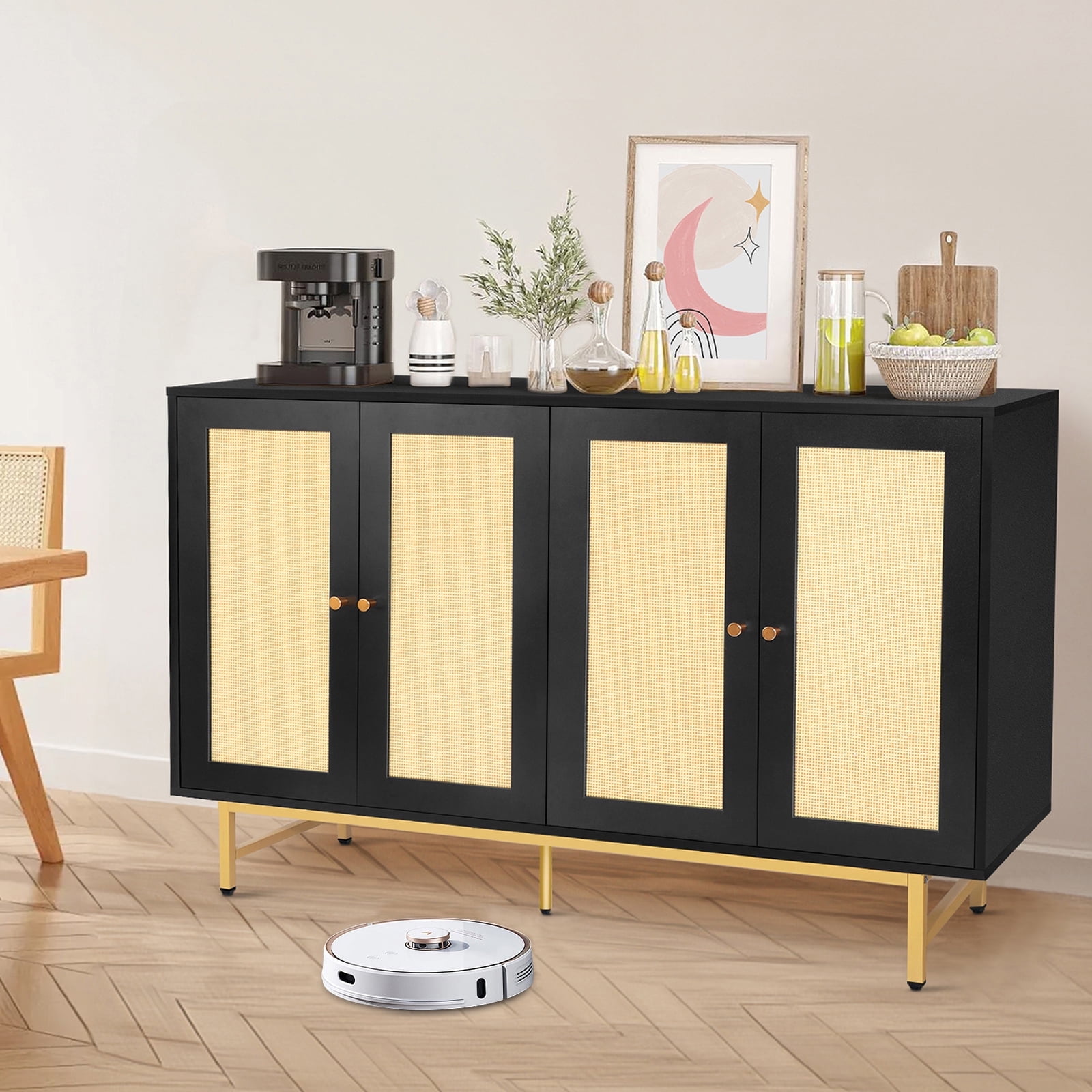 QuicMiou Sideboard Buffets Cabinet with 4 Rattan Doors, Large Storage ...