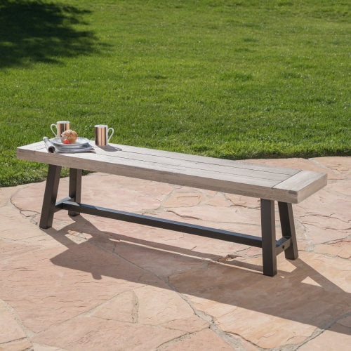 Light Grey Sandblast Finish Acacia Wood Dining Bench with Black Rustic ...