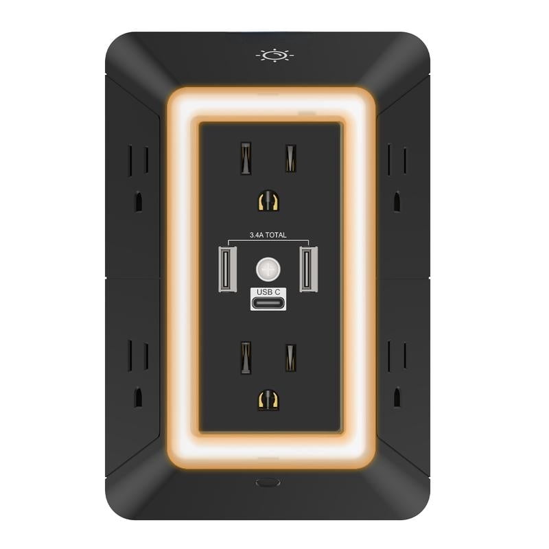 Quick Change Plug Surge Protector w/ Night Light 3 USB & 6 AC Modern ...