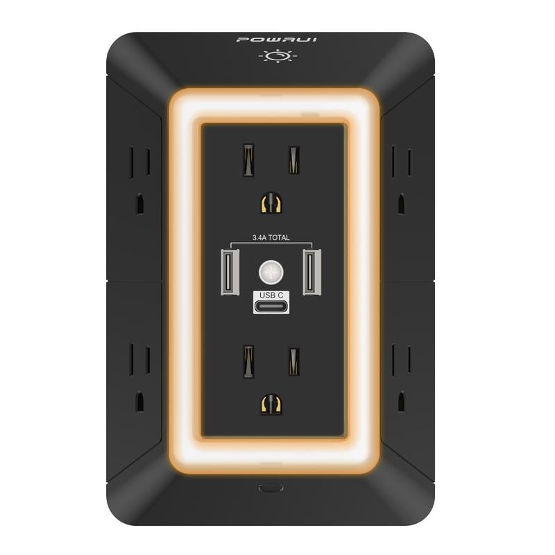 Quick Change Plug Surge Protector w/ Night Light 3 USB & 6 AC Outlets ...