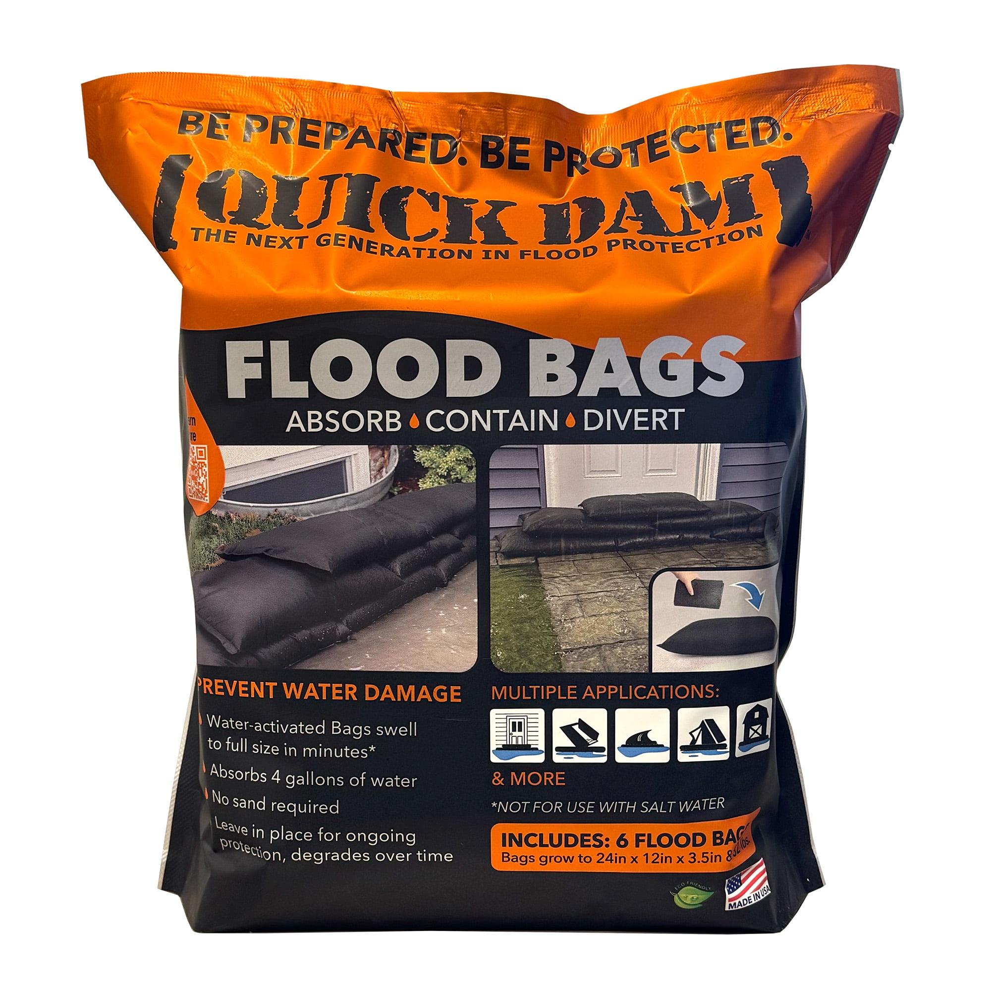 "Quick Dam Sandbags, Water Activated Flood Bags, 12"" x 24"" Size, 6 ...