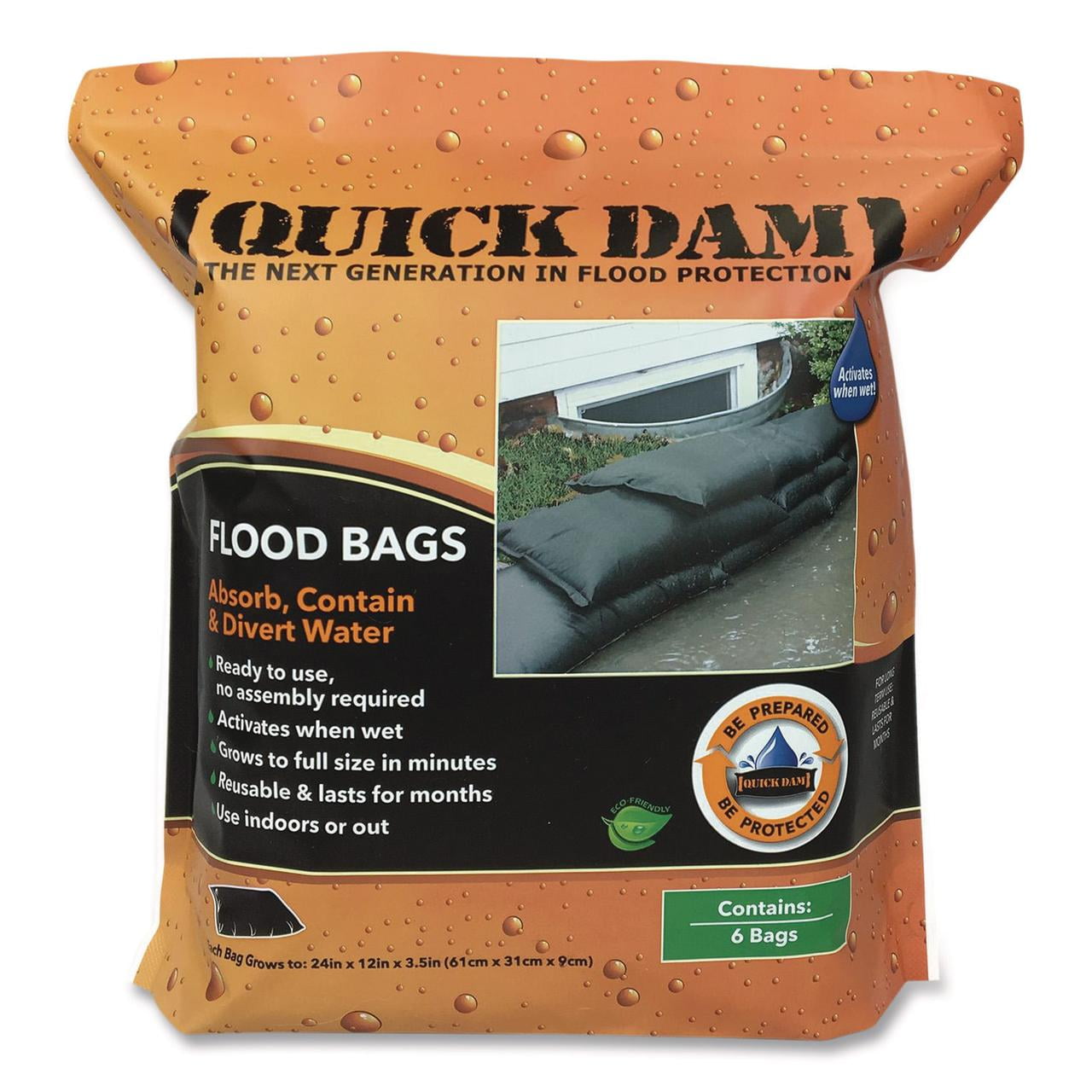 "Quick Dam Sandbags, Water Activated Flood Bags, 12"" x 24"" Size, 6 ...