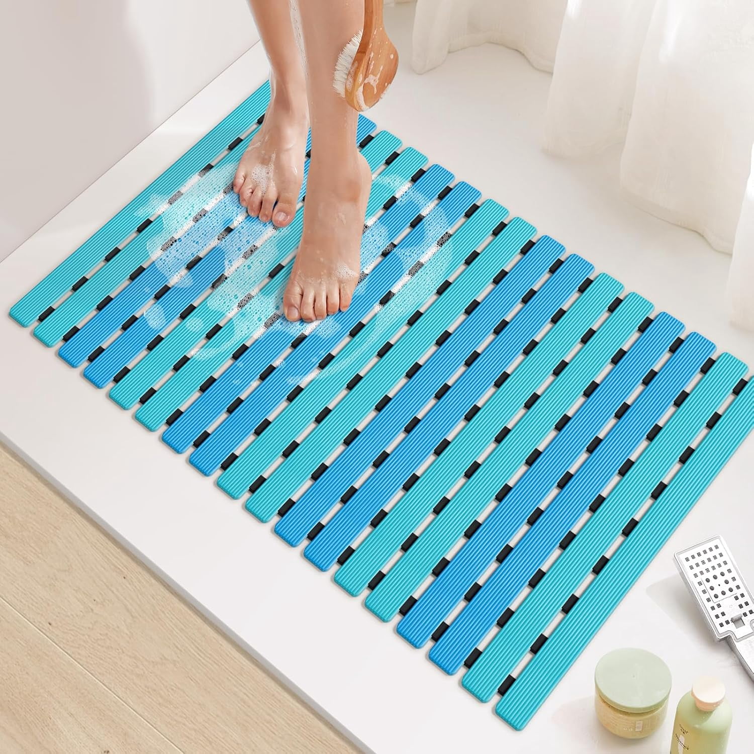 Quick Drain Shower Mat, 24.8 x 15.8 inch Power Grip Shower Mat Non Slip ...