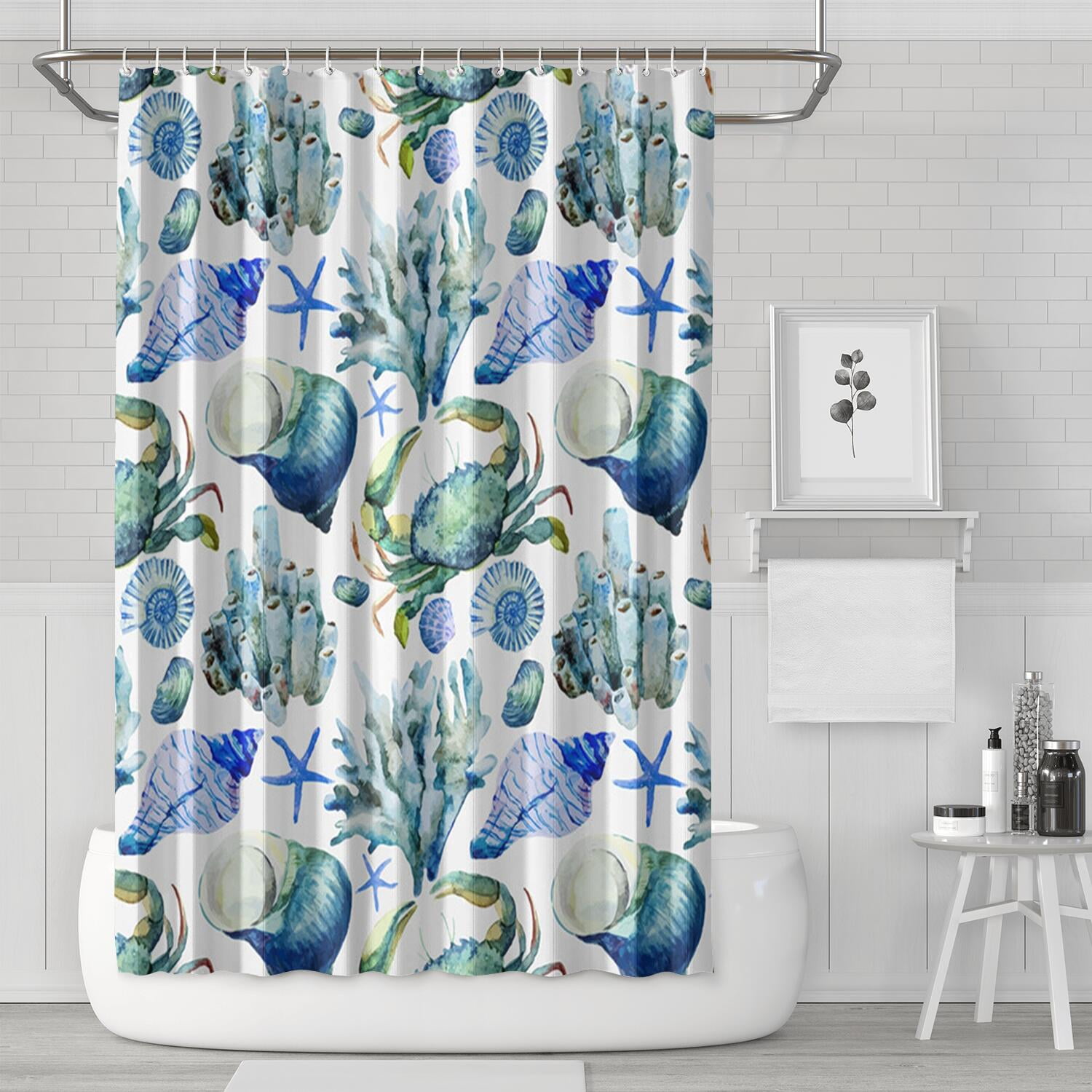 Quick-Dry 72x72in Shower Curtain with Hooks, Seashells Coral Fish Sea ...