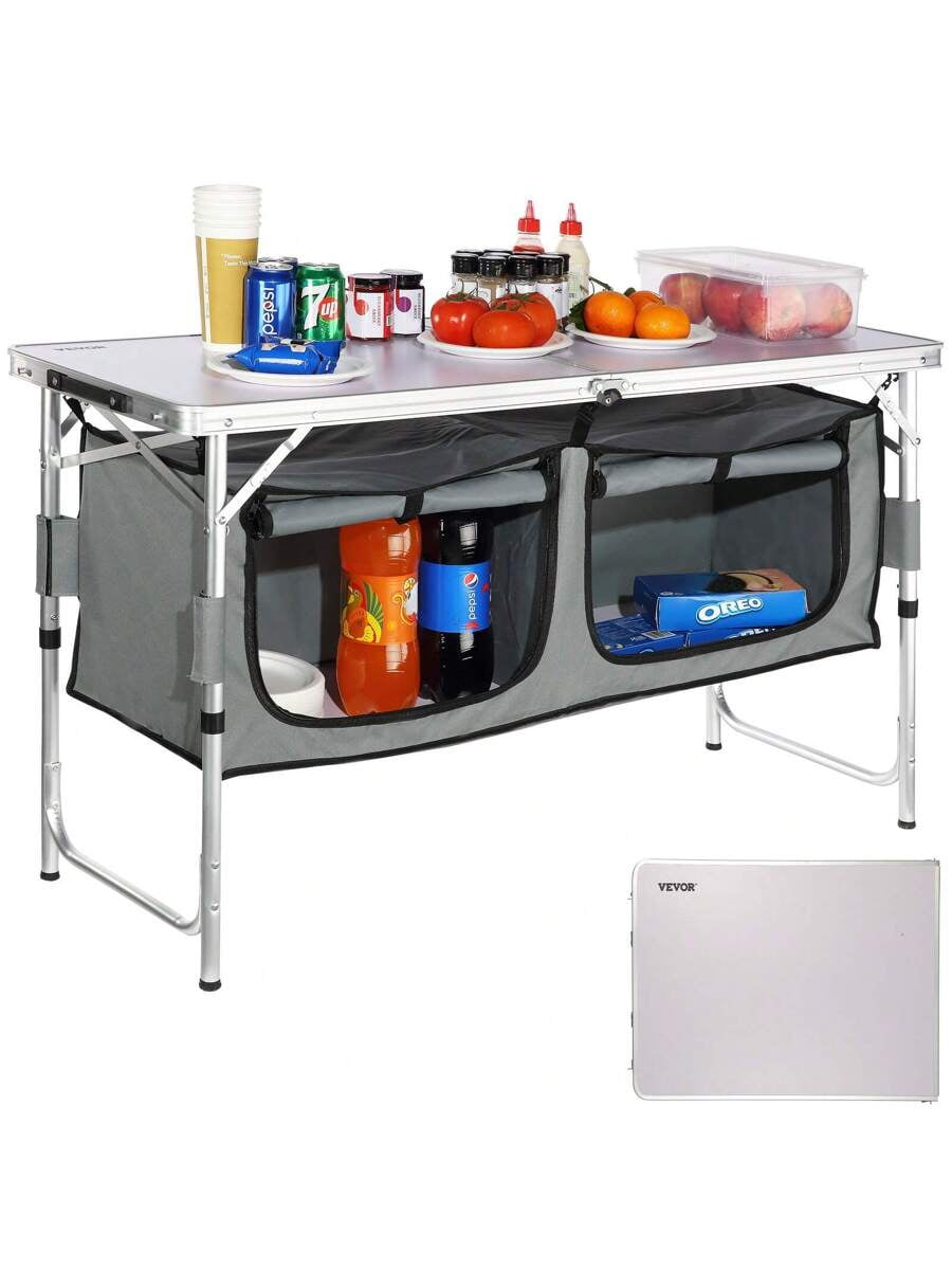 Quick-Setup Camping Kitchen Table, 3 Height Adjustable Folding Table ...