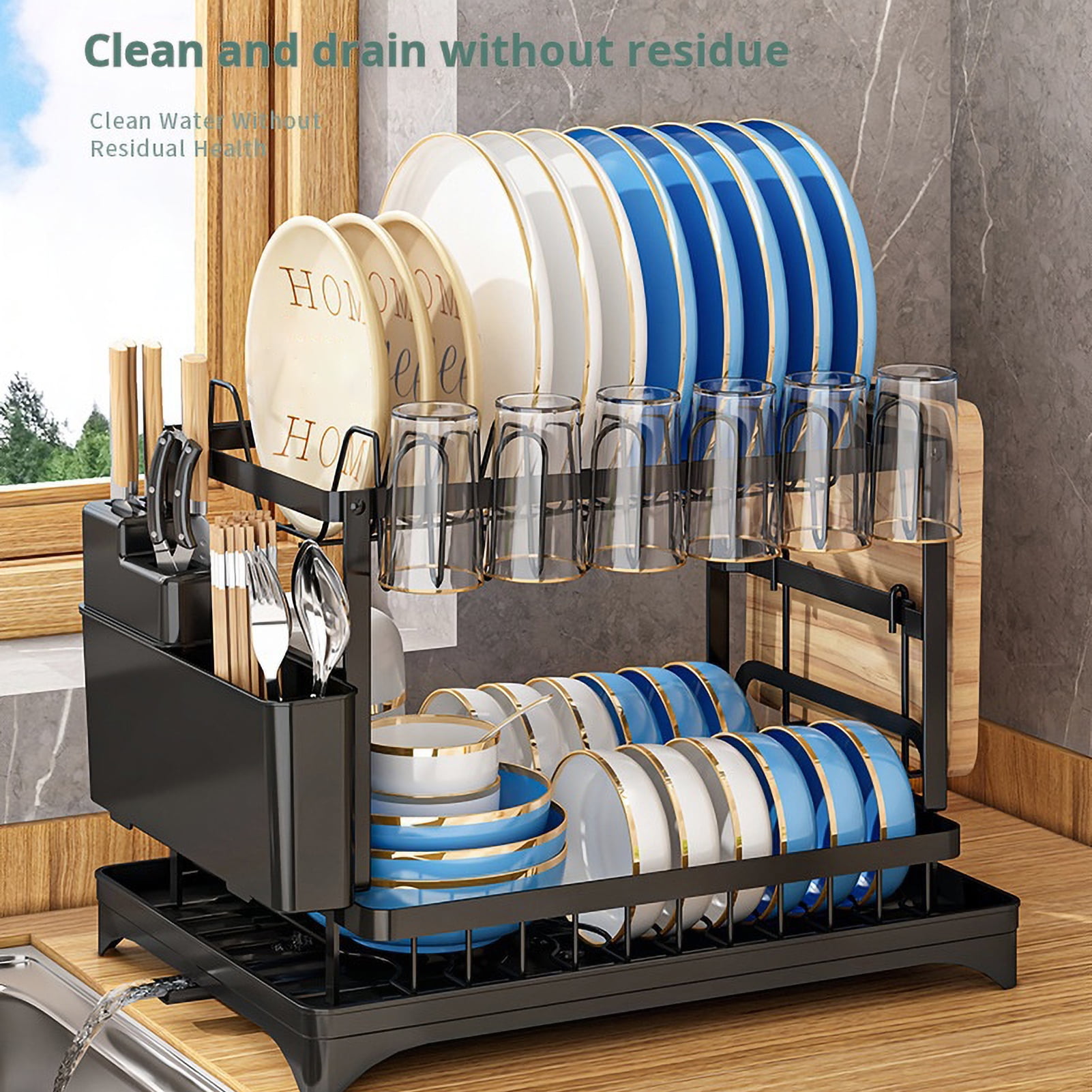 QuickGo Dish Drying Rack with Drainboard Double-Layer Large Capacity ...