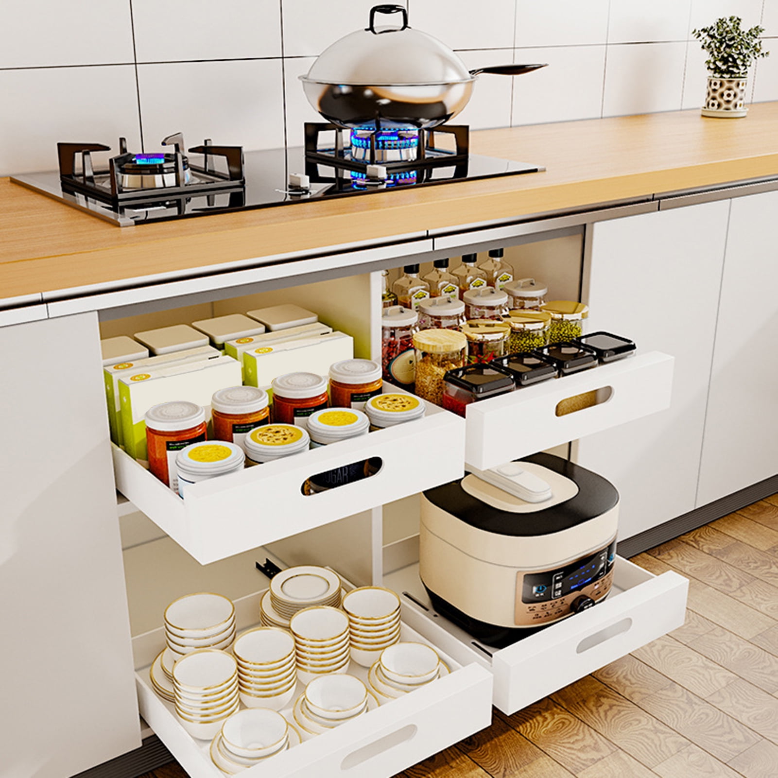 QuickGo Pull Out Cabinet Organizer Drawer Carbon Steel Shelves Smooth ...