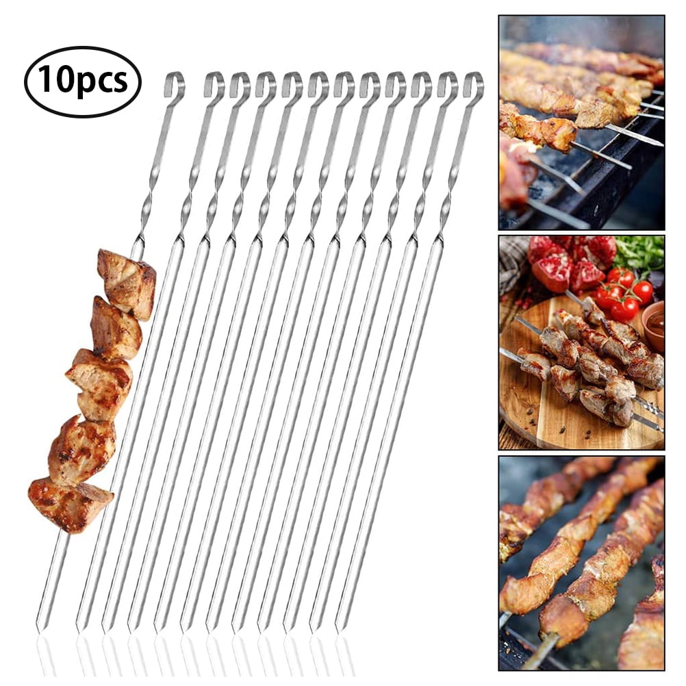 Quickwittc 10pcs Stainless Steel Grill Skewers Kebab Skewers Flat Grill Kabob Skewers Long ...
