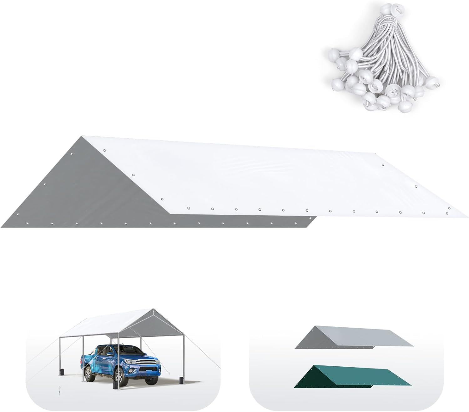 Quictent Carport Replacement Tarp Canopy Top Cover with Bungees Balls, for 10x20 ft Garage Party ...