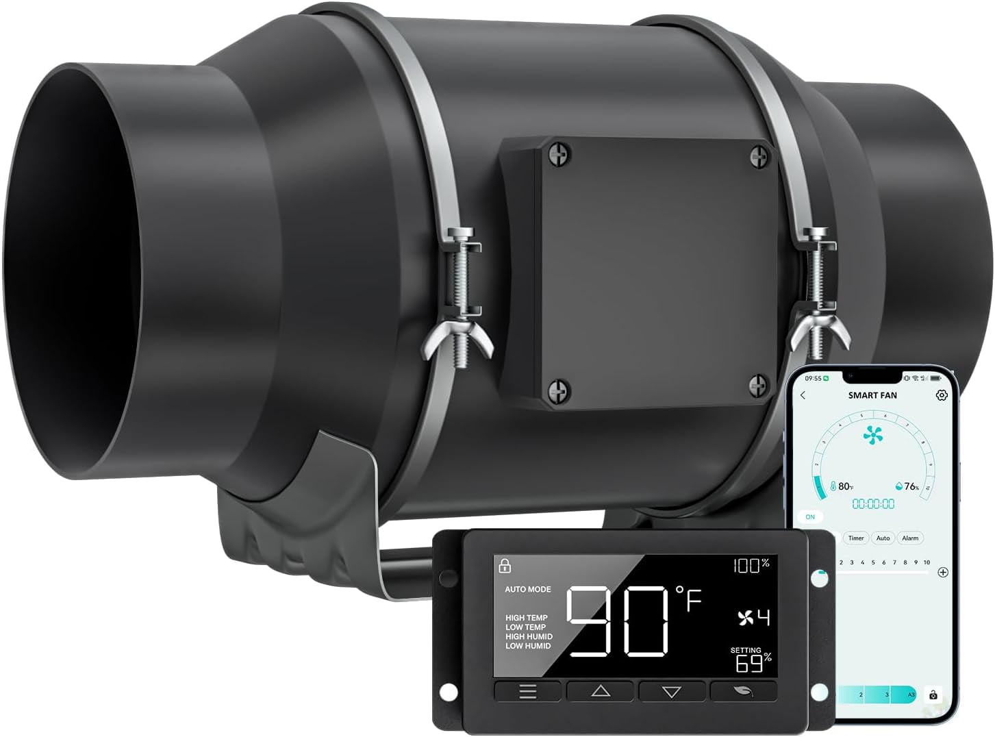 Quiet 6" 405 CFM Inline Duct Fan with EC Motor and Temperature Humidity ...