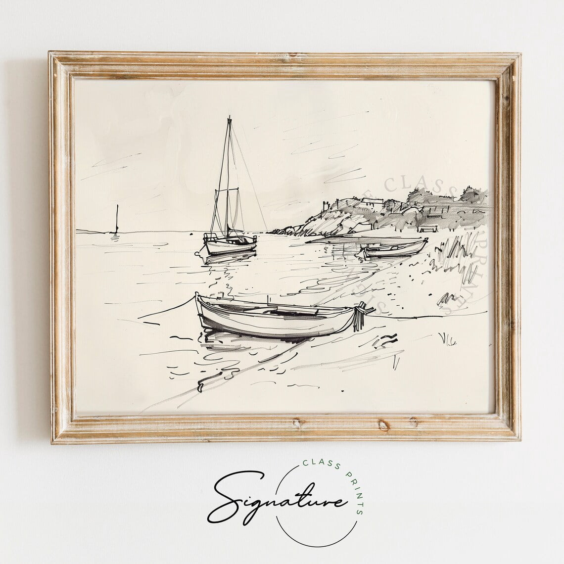 Quiet Cove With Drifting Boats Sketch, Coastal Scene, Beautiful Boat ...