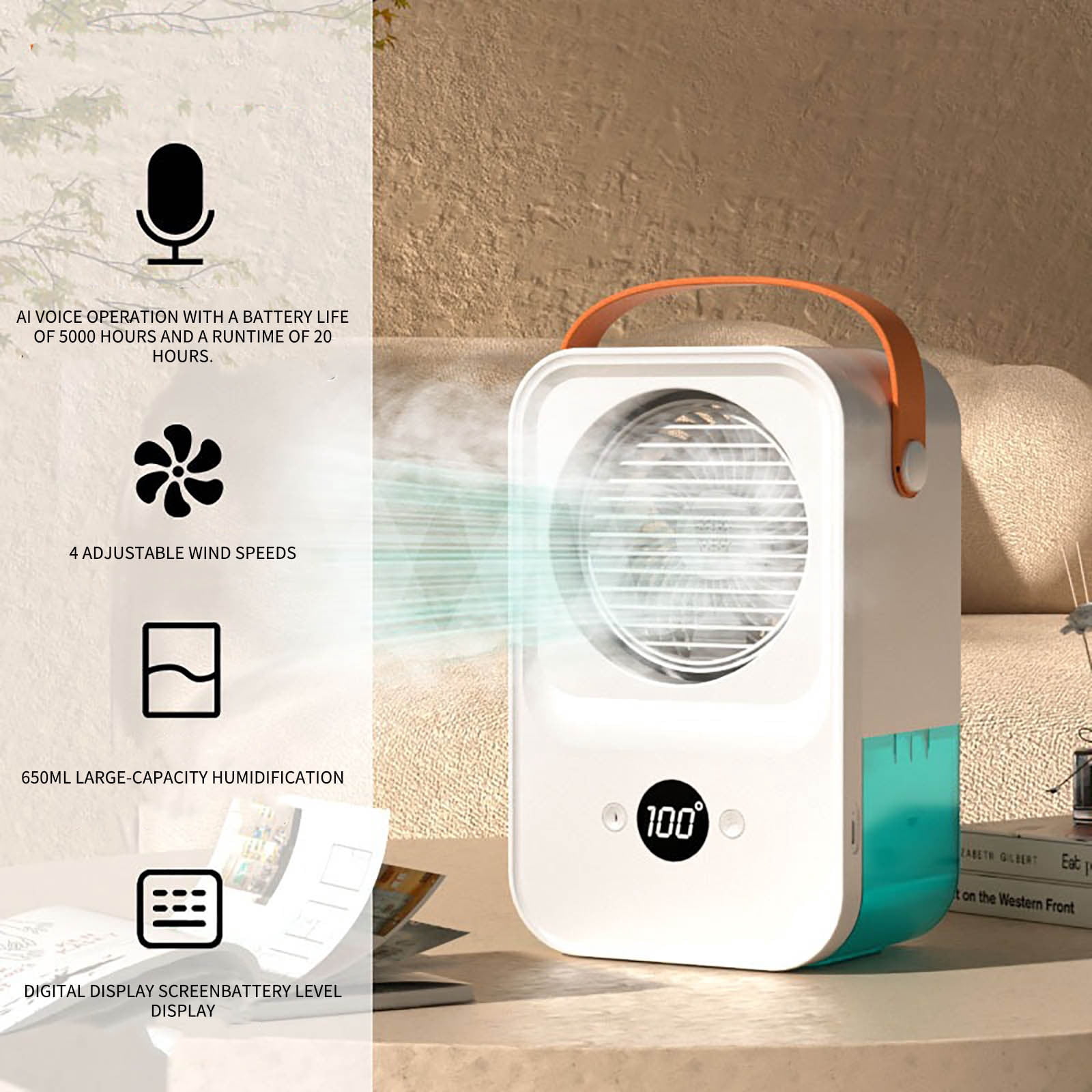 Quiet Portable Desktop Air Conditioner Fan 4 Speeds Humidifying Cooler ...
