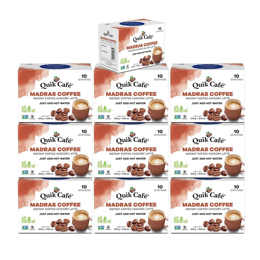 Quik Caf Madras Coffee Instant Coffee Latte - 100 Count (10 Boxes of 10 Each) - All Natural ...