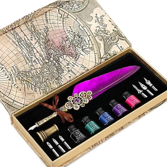 Quill Pen Ink Set, Pen Set Iludes 5 Bottles of Ink and 6 Replaceable ...
