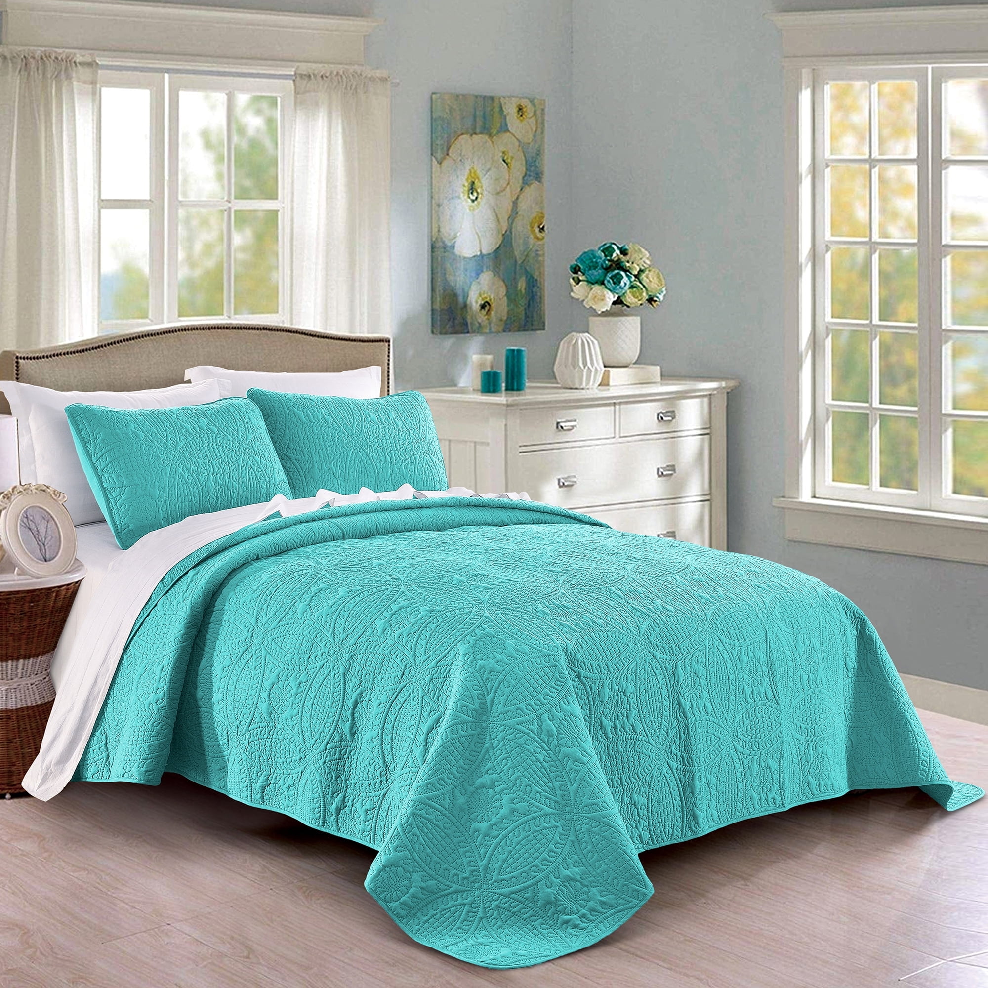 Pure Bedding Aqua Quilt Set Full/Queen - Lightweight, All-Season ...