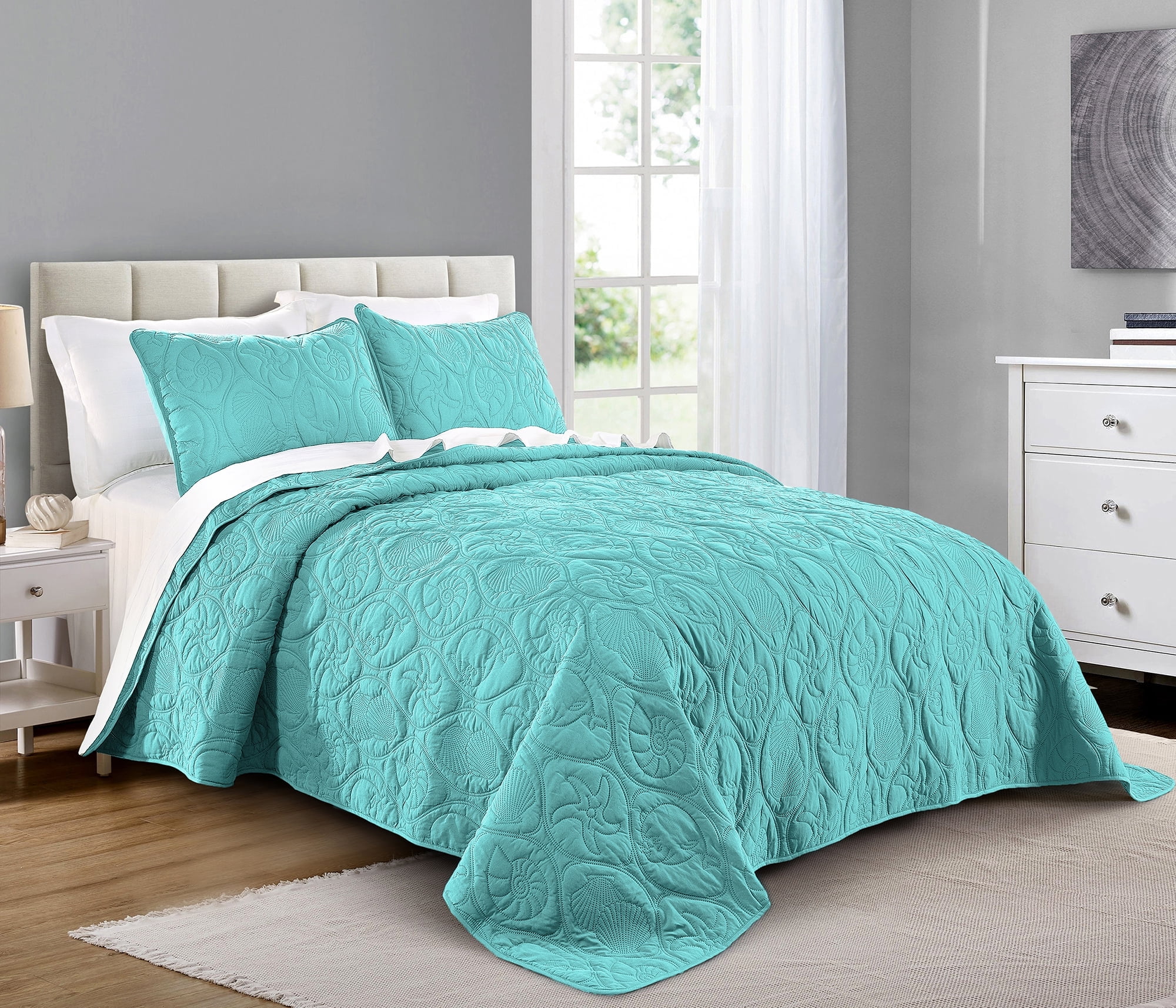 King/Cal King Aqua Quilt Set - Oversized Bedspread, Soft Microfiber ...