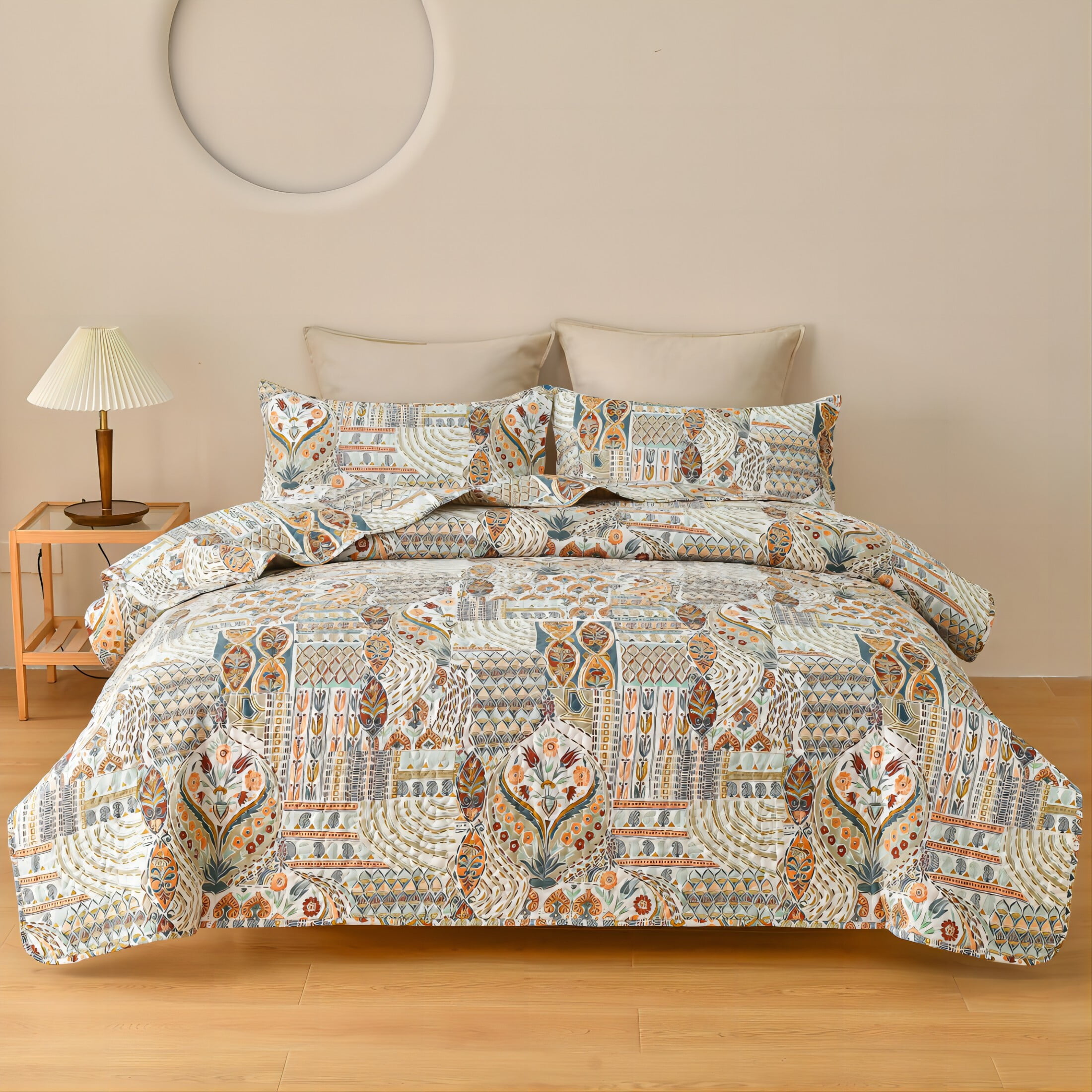 SLEEPBELLA Beige Bohemian Quilt Set Queen Size 3Pcs, Beige & Dark Red ...