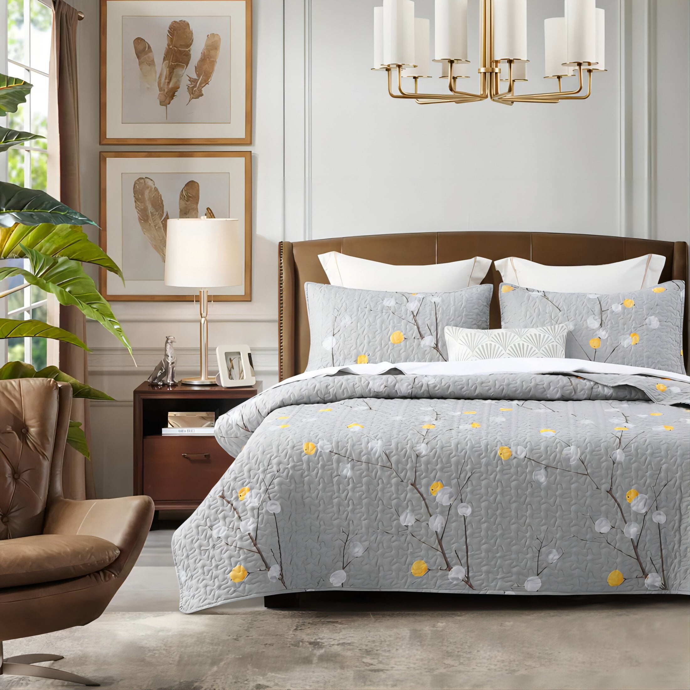 SLEEPBELLA Floral Quilt Set California King Size 3Pcs, Grey Branch with Yellow Turquoise Polka ...