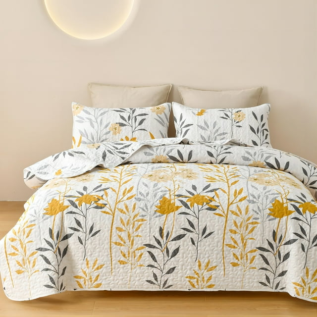 SLEEPBELLA Yellow Quilt Set King Size 3Pcs, Grey Branch with Yellow ...