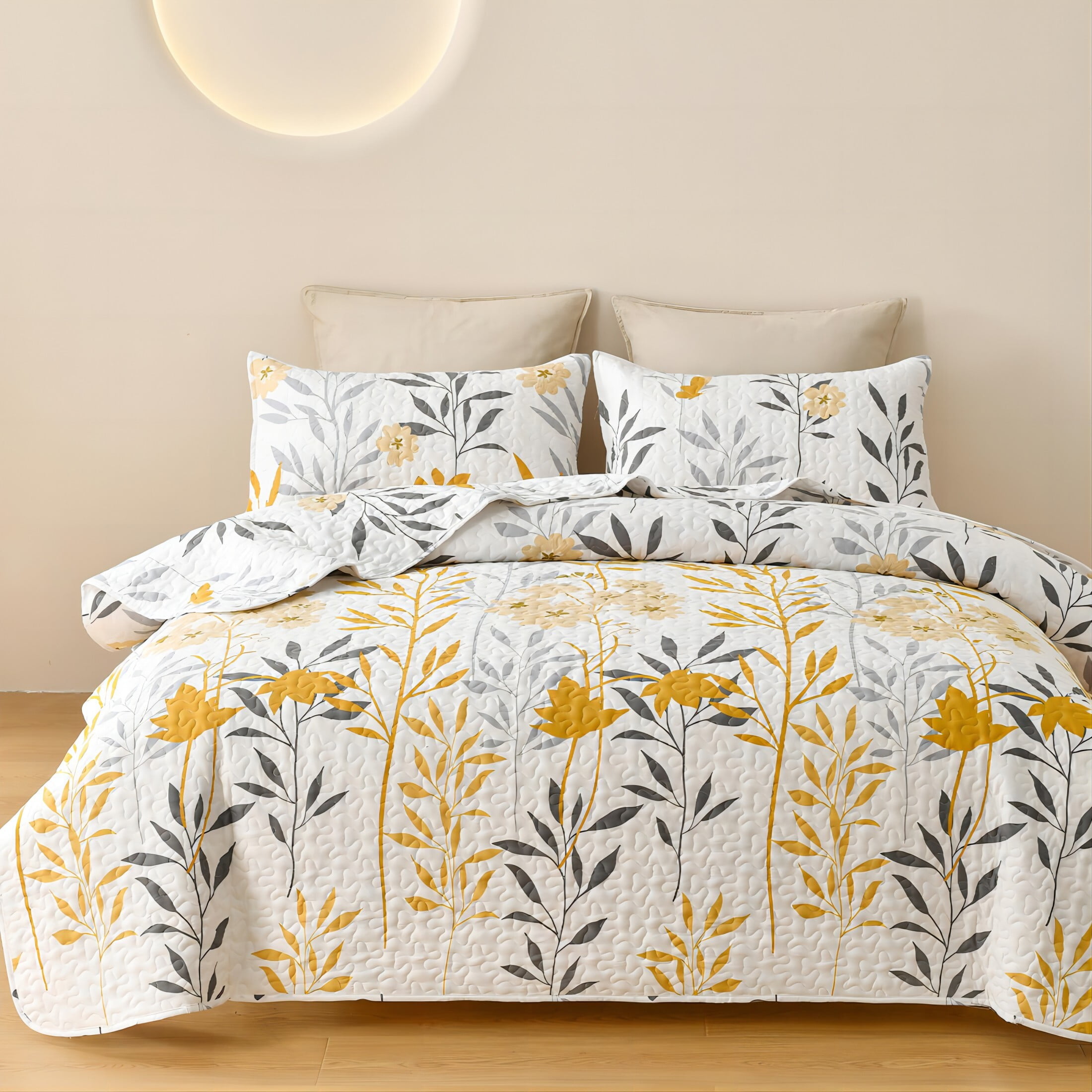 SLEEPBELLA Yellow Quilt Set Queen Size 3Pcs, Grey Branch with Yellow ...