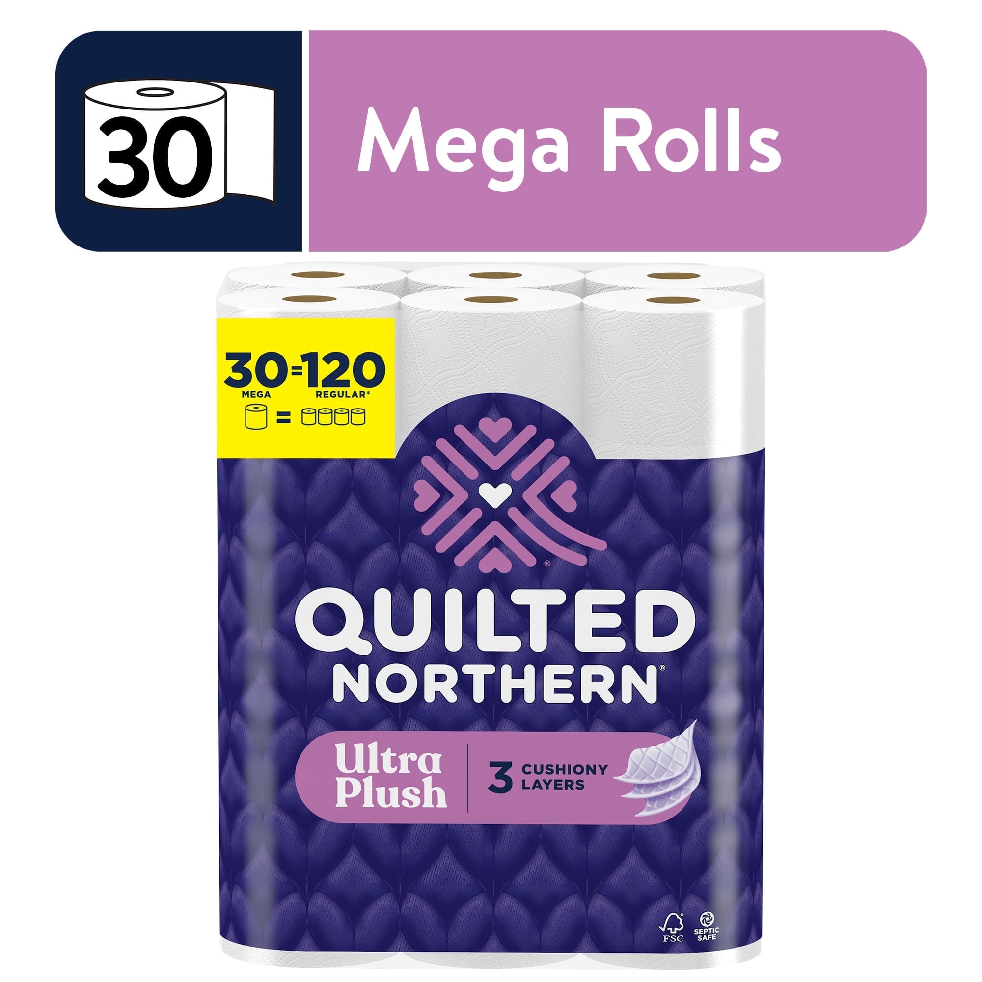 Quilted Northern Ultra Plush 30 Mega Rolls, 3X More Absorbent*, 3-Ply Toilet Paper - 4Packs (120 ...