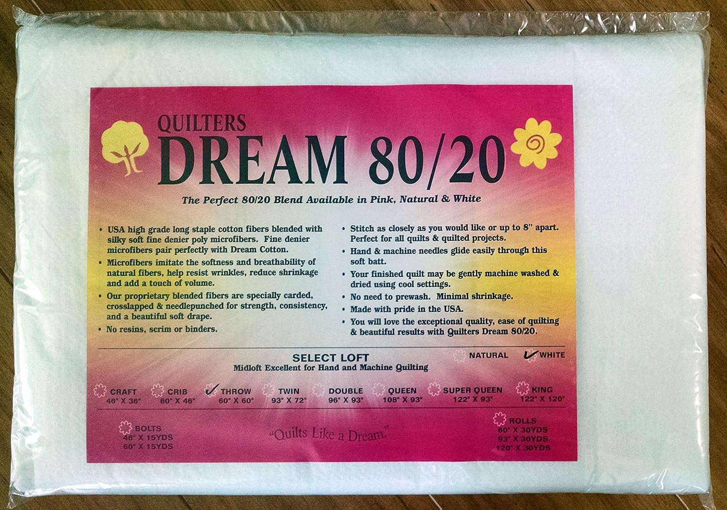 Quilter's Dream 80/20, White, Select Loft Batting - Throw Size 60"X60 ...