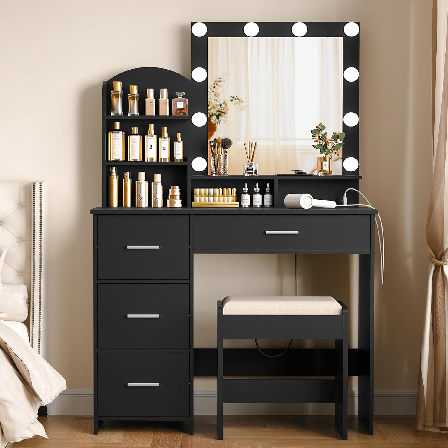 Quimoo Makeup Vanity with 10 Light Bulbs and Charging Station, Vanity ...